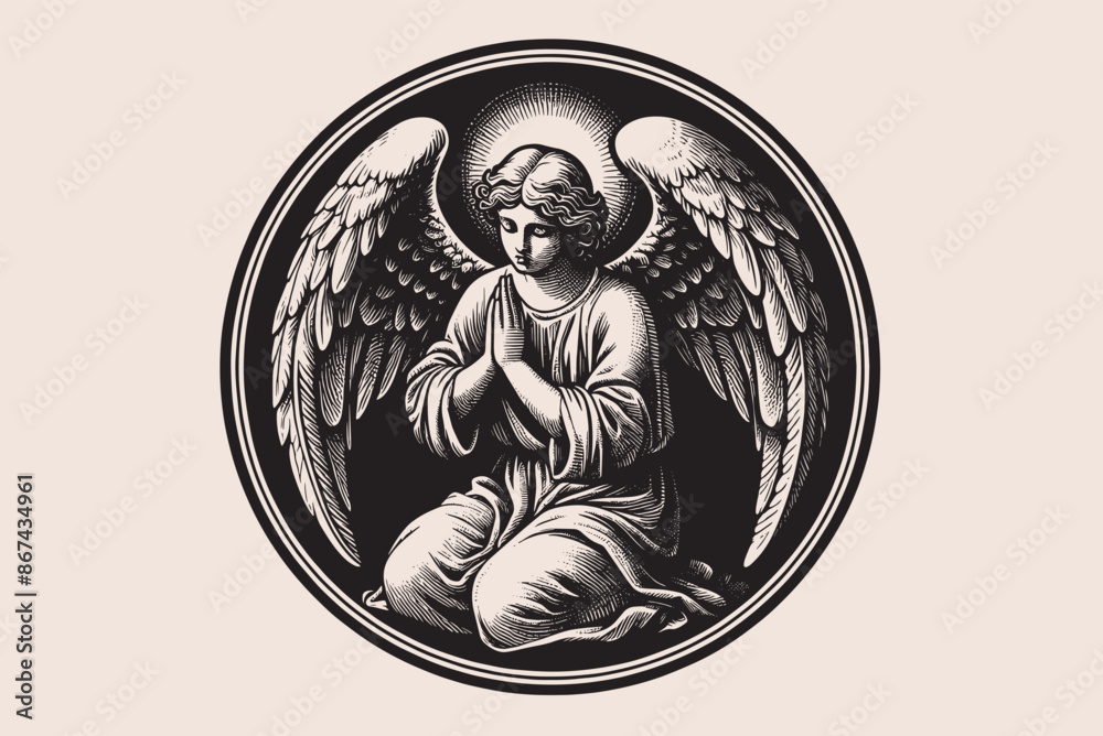 Praying angel. vintage engraving black outline illustration. Isolated ...