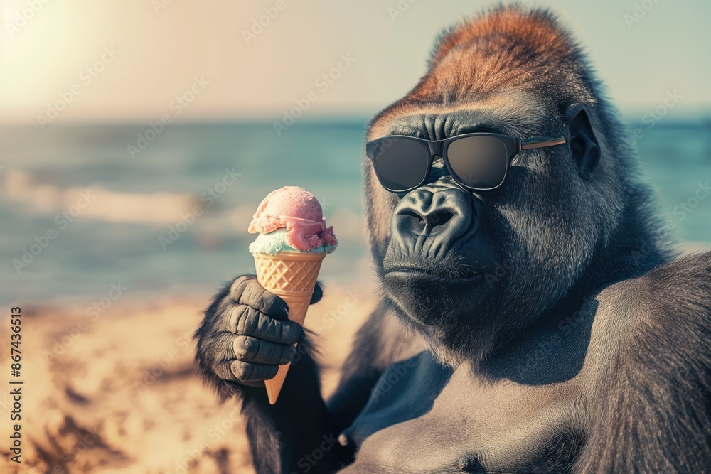 Gorilla relaxes on sandy beach with ocean view. Wearing sunglasses and ...