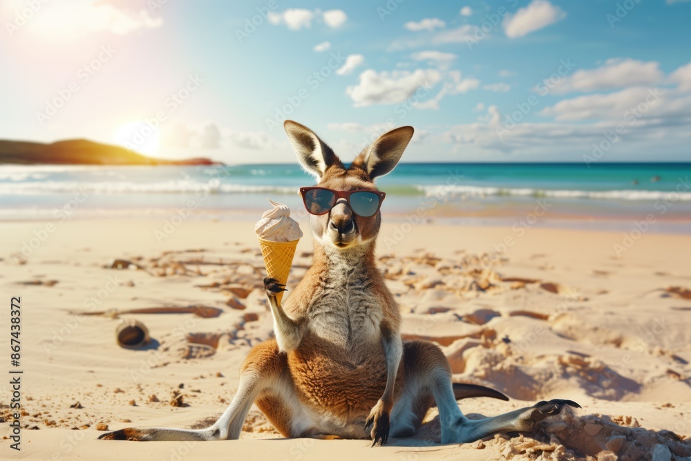 Kangaroo relaxes on sandy beach with clear blue sky. Wearing sunglasses and hat, it holds ice ...