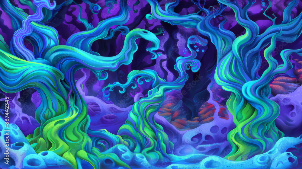 An enchanting underwater scene with vibrant gradients, deep blues, and ...
