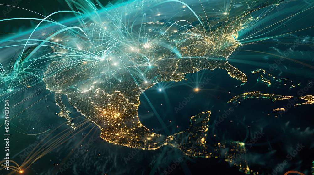 This image depicts a global network with luminous data lines connecting ...