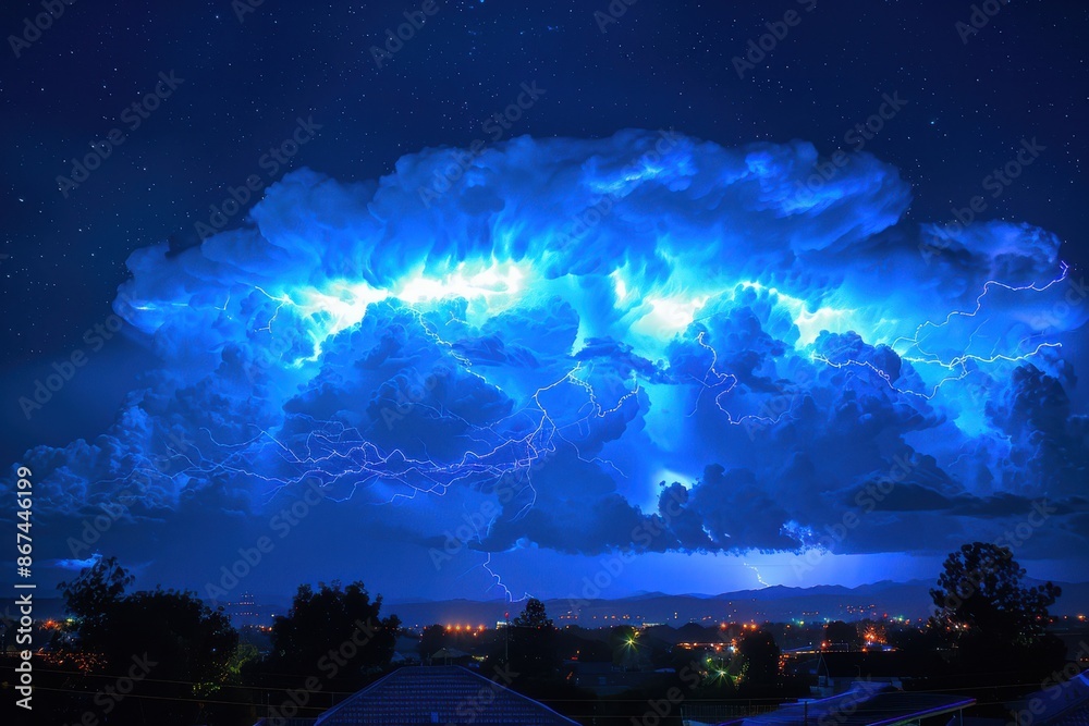 Blue Jet lightning phenomenon, electric blue bolts emerging from the top of a thunderstorm cloud ...