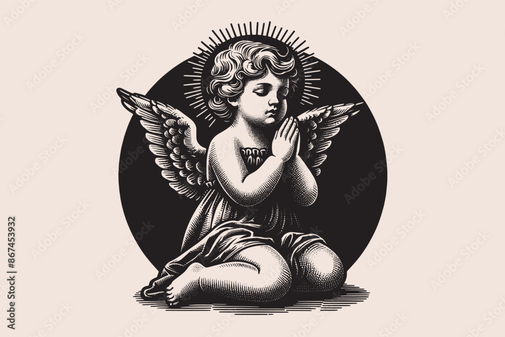 Praying little cute baby angel. vintage engraving black outline ...