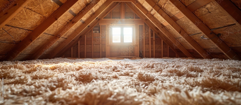 A large open attic with a window in the middle. The room is empty and ...