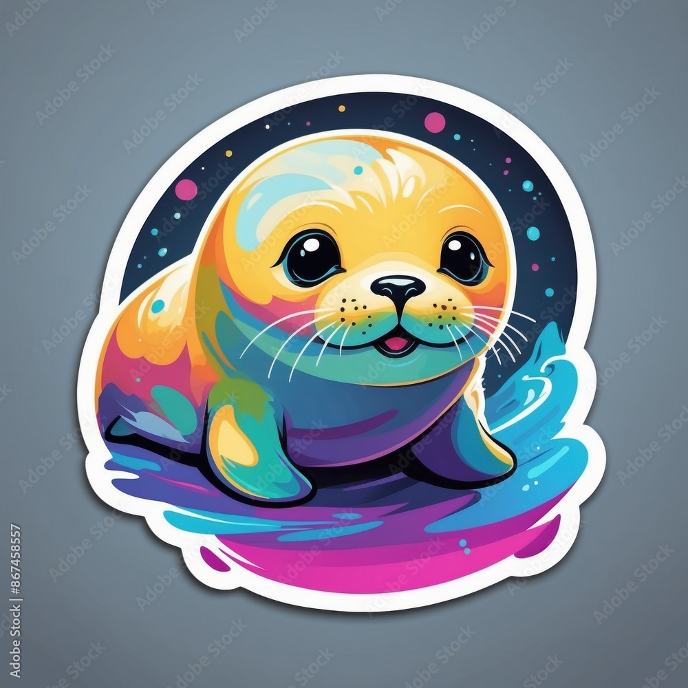 Sticker of an adorable baby seal in 3D cartoon style with dynamic ...