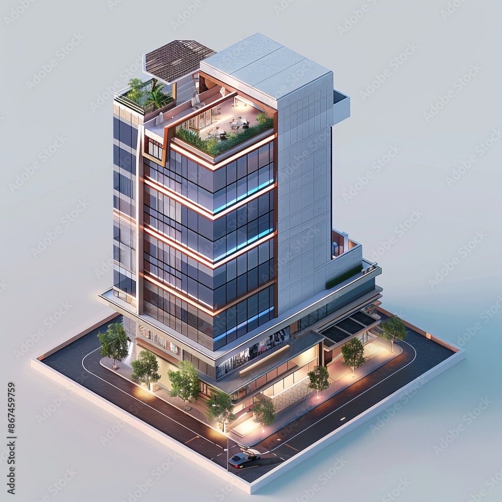 A stunning isometric depiction of a modern multi-story commercial ...