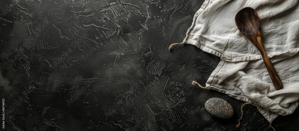 Top-down view of linen kitchen towel on a vintage black cement table ...