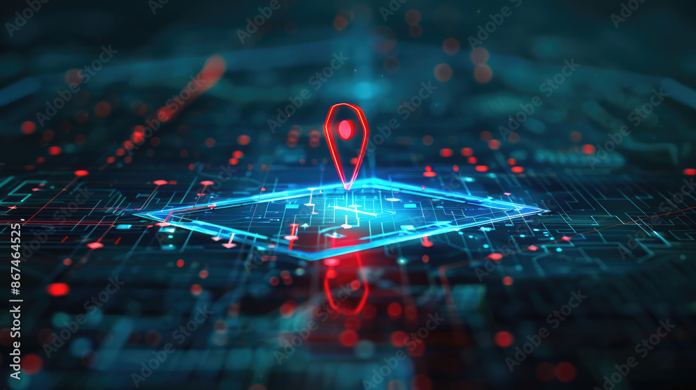A glowing digital map with a prominent red location pin hovers above a ...