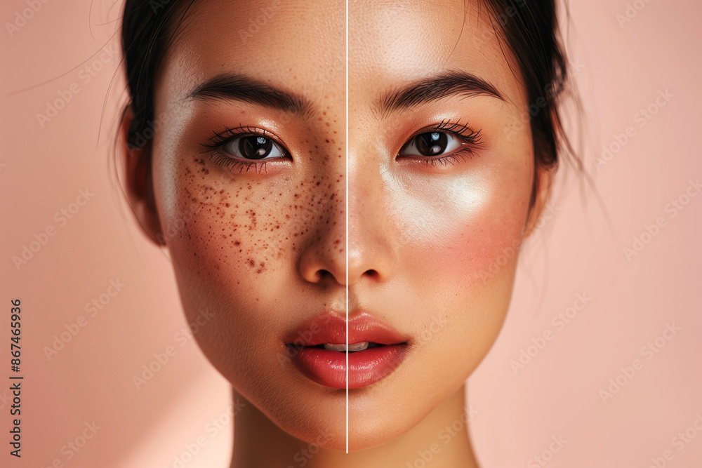 This image showcases a close-up of a woman's face with a split-screen ...
