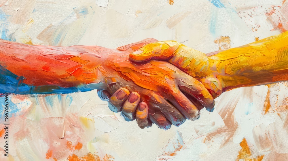 Oil painted hands diversity concept: colorful hand shaking gesture ...