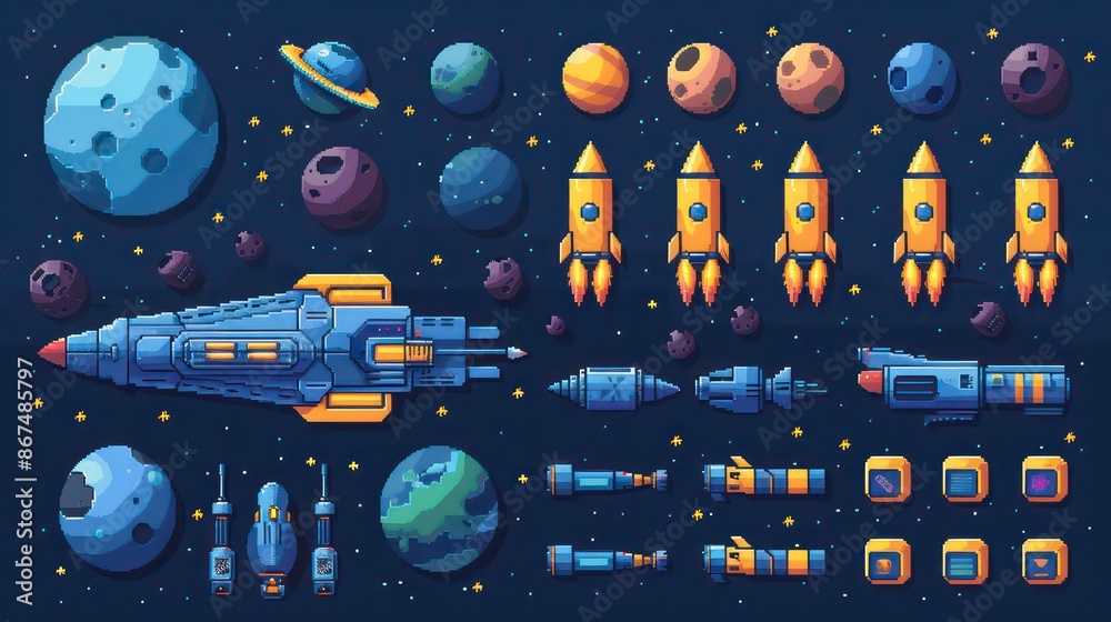 An 8bit pixel art game asset collection, featuring space planets, rockets, and starcraft ...