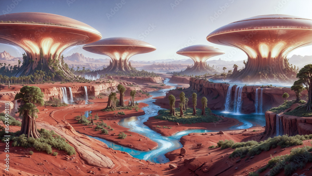 Futuristic Martian landscape with domes, water bodies, and greenery ...