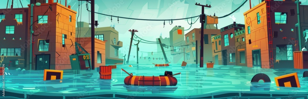 Cartoon illustration of a flooded city street, depicting the aftermath ...