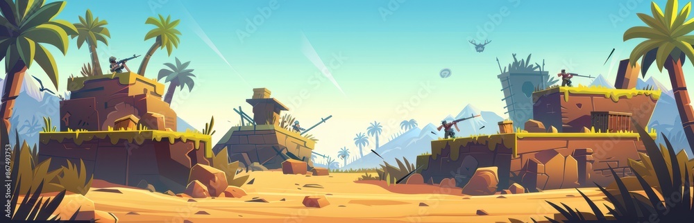 Epic desert battlefield scene with ancient ruins, warriors, arrows ...