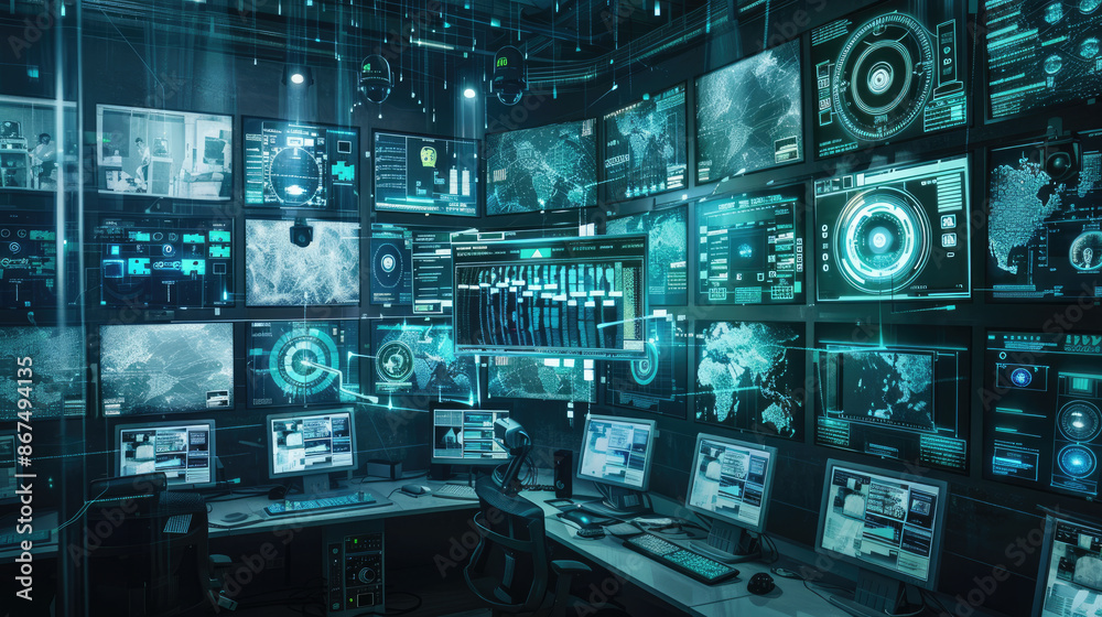 wide banner of security CCTV cameras and guard monitoring screen hud UI ...