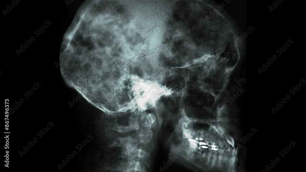 This video shows a side profile X-ray image of a human skull. The image ...