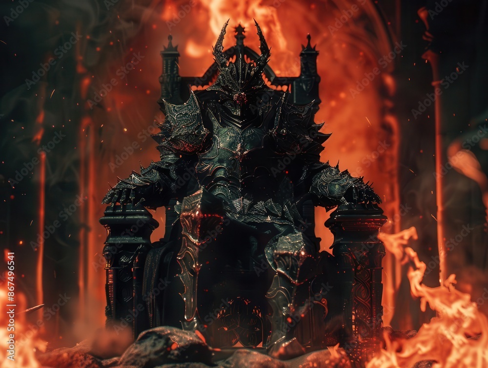 majestic demon lord on obsidian throne surrounded by hellfire and ...