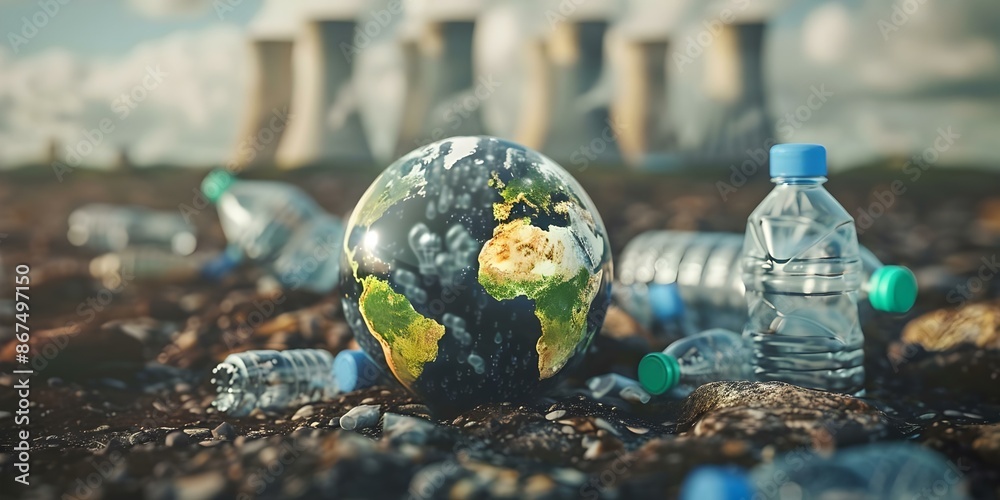 Abstract depiction of polluted earth with plastic bottles power plant ...