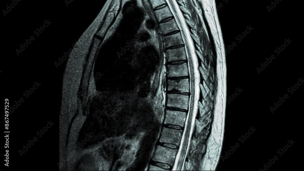 This MRI scan of the thoracic spine showcases the vertebrae and ...