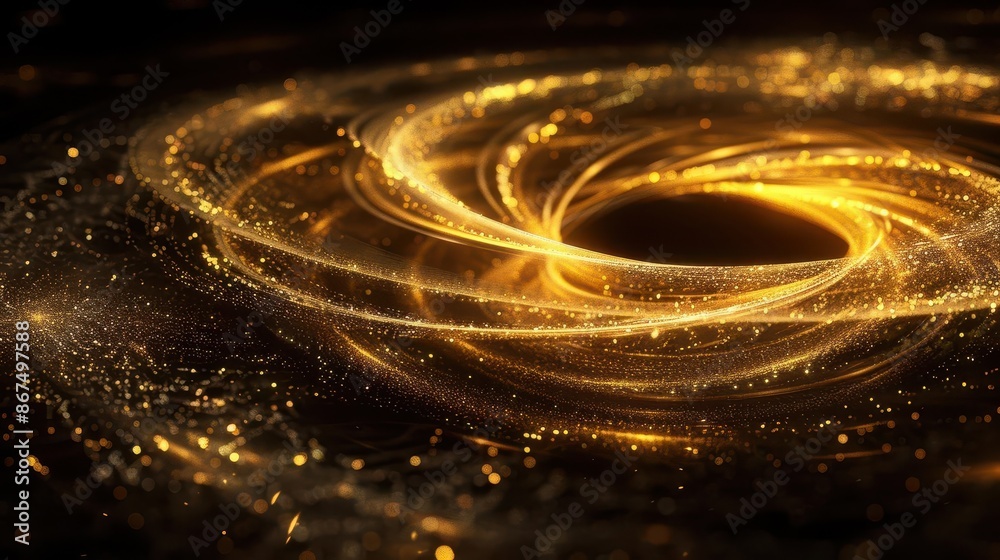 mesmerizing golden particle vortex spiraling against a deep black background creating a ...