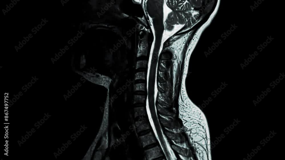 Sagittal view of a cervical spine MRI scan. This scan provides a ...