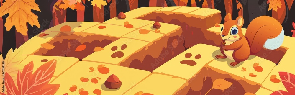Cute squirrel solving maze puzzle in autumn forest. Adorable animal ...