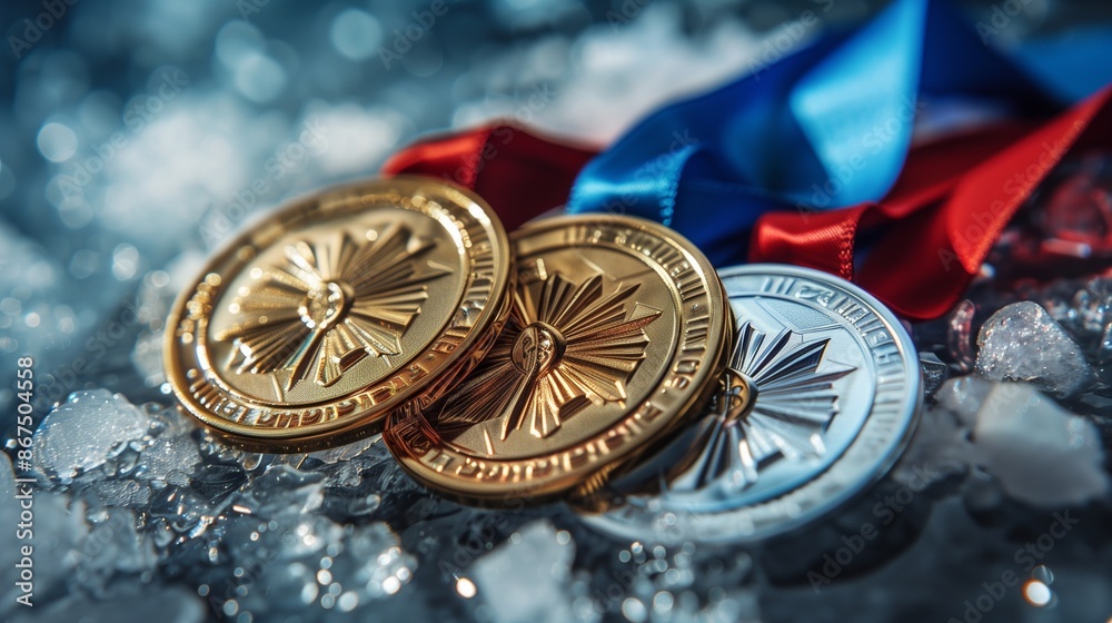 Gold, Silver, Bronze Medals on Ice with Red and Blue Ribbons Stock ...