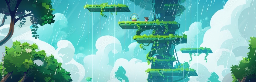 Whimsical 2D game background. Lush green platforms on a giant tree ...