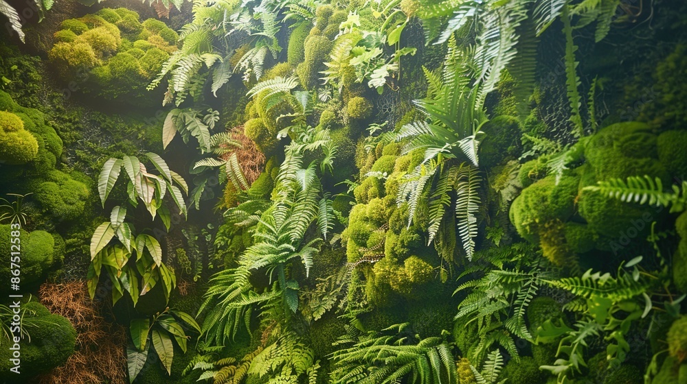 Mosses and ferns climb up the sides of the vertical garden creating a ...