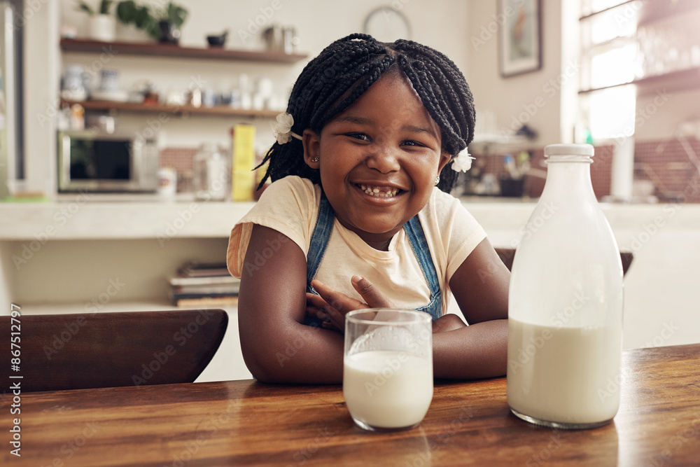 Children, portrait and African girl with milk in kitchen for strong ...