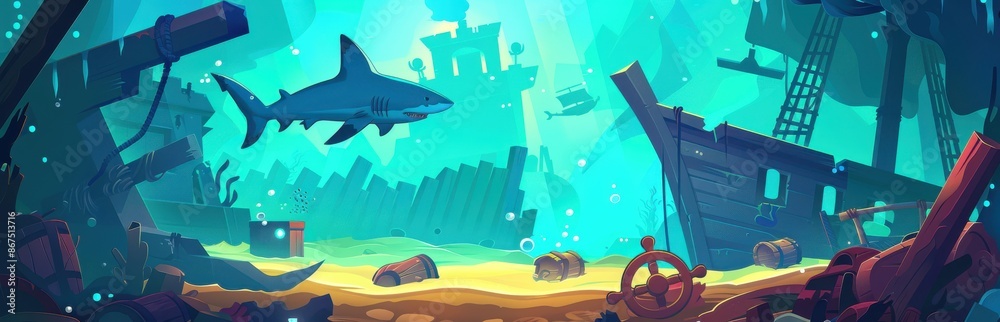 Cartoon illustration of a sunken pirate ship shipwreck on the ocean ...