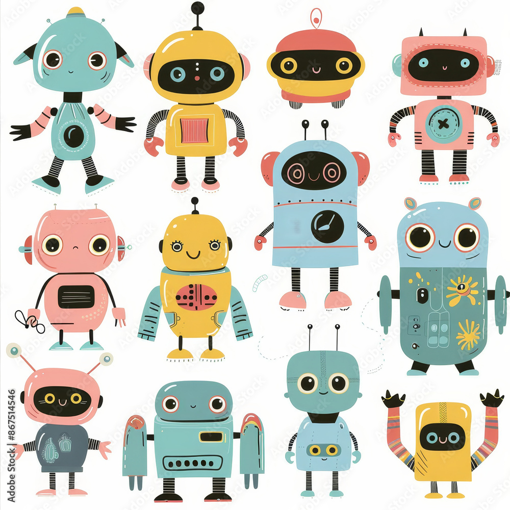 Set of cartoon illustration vector happy funny cute AI artificial ...