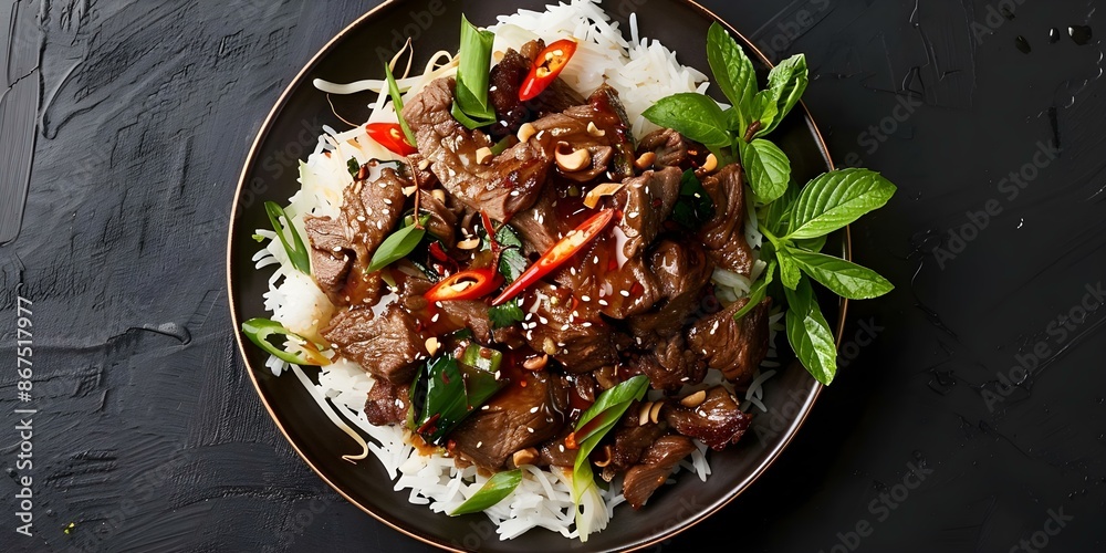 Cubed Beef Rice Plate with Vietnamese Shaking Beef. Concept Vietnamese ...