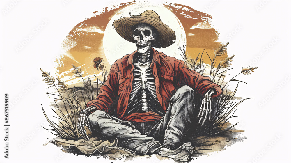 Skeleton farmer in a tarot card clipart on white background Stock ...
