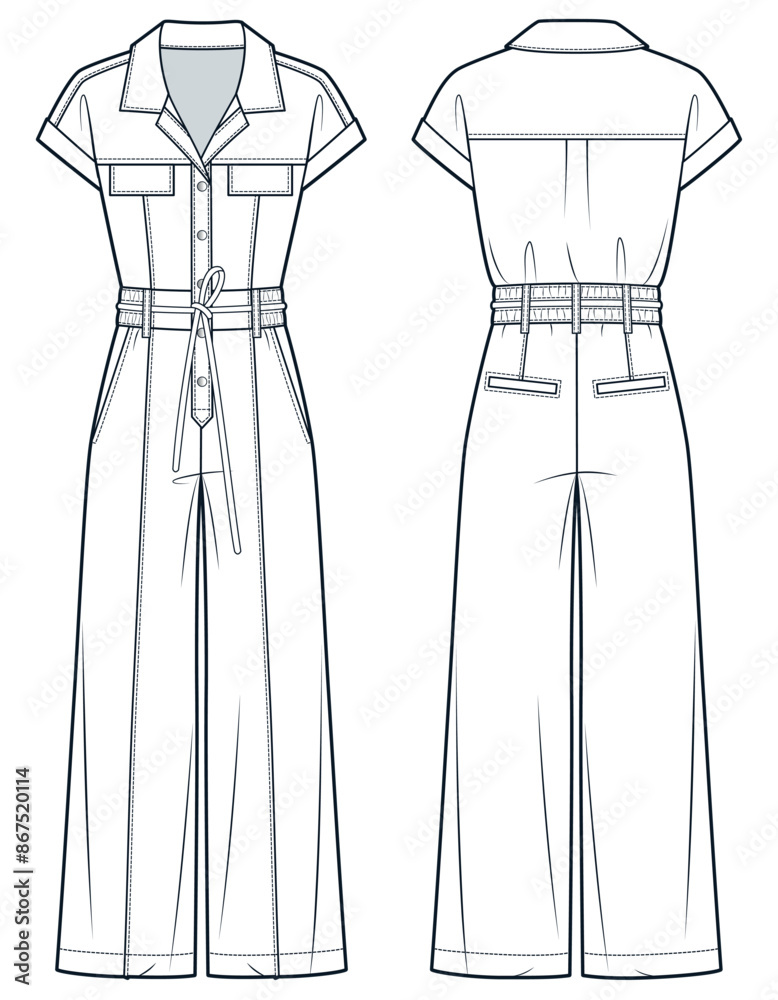 Wide Leg Jumpsuit technical fashion Illustration. Jumpsuit fashion flat ...