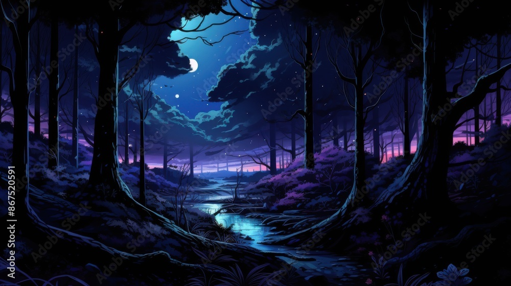 Enchanted Forest at Night with Moonlight and River, Digital Art Fantasy ...