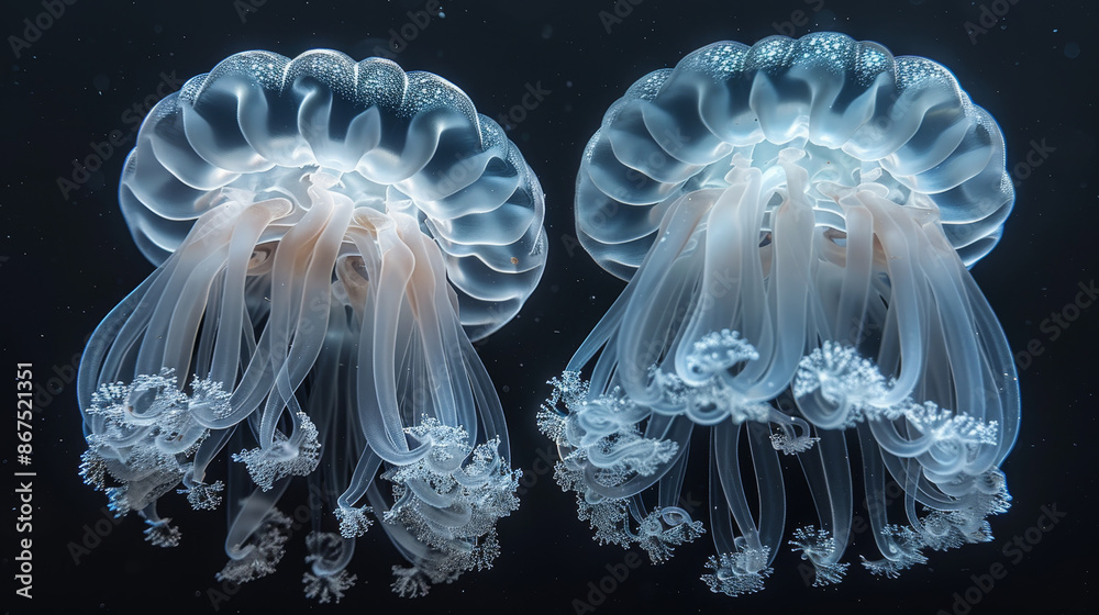 Two transparent magic futuristic white jellyfish made of lace ...