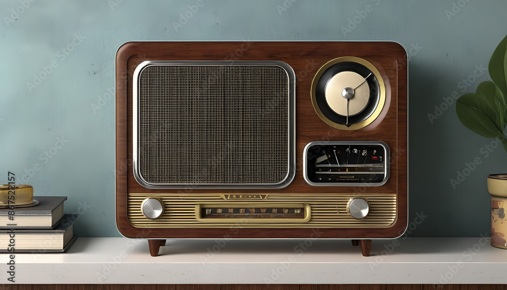 background image of retro radios and transistor devices placed on a mid ...
