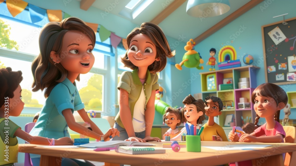 Two animated teachers engage students in a lively classroom, fostering ...