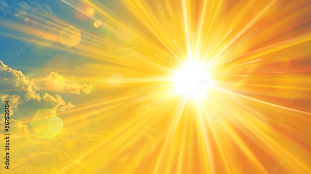 A vibrant sun with radiant rays shining through clouds, creating a ...