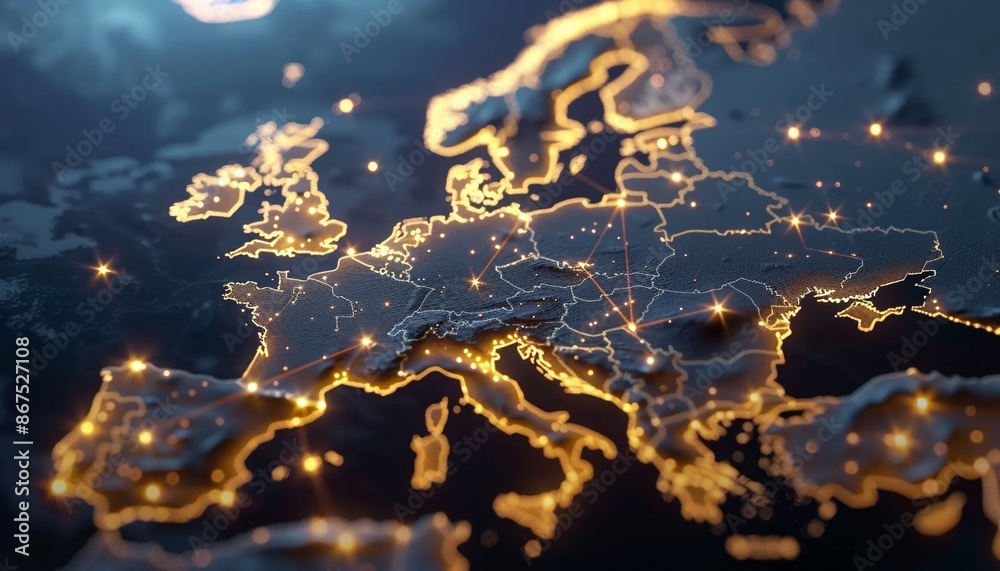 Digital Network Connections Highlighted Across European Map with ...
