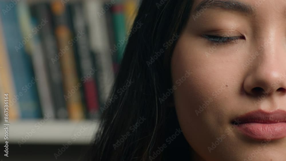 Close-up portrait half female face attractive asian korean woman brown ...