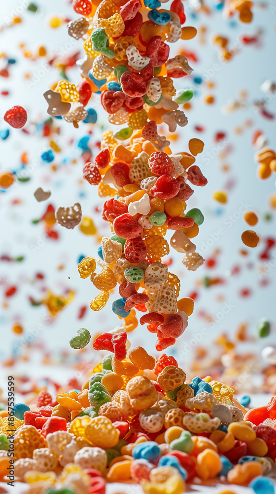 Exploding fruity pebbles cereal with individual pieces floating in ...