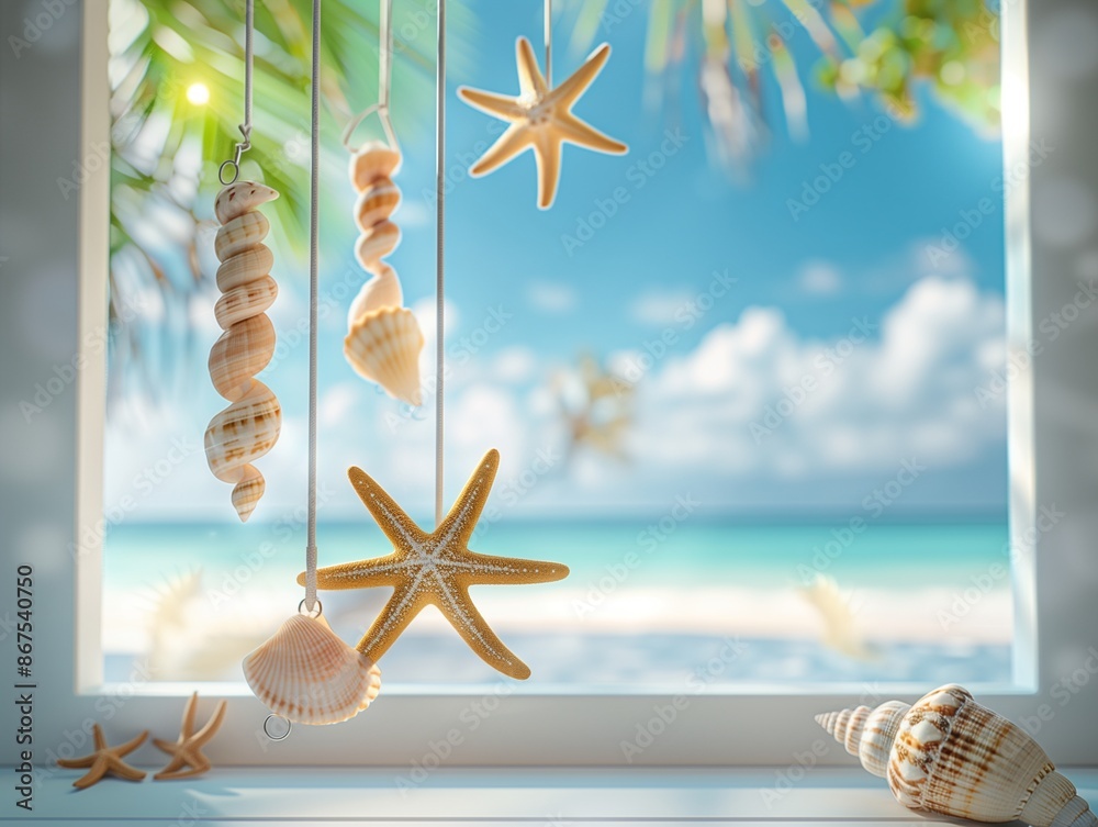 Decorative background of bay wind chimes with shells and starfish in ...