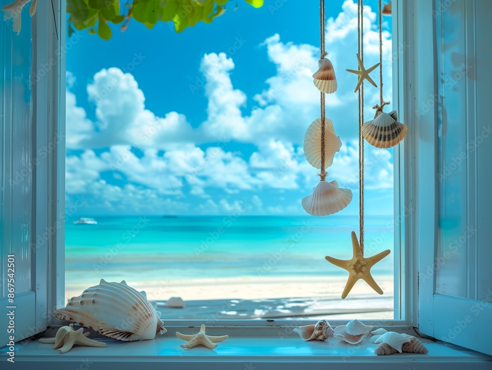 Decorative background of bay wind chimes with shells and starfish in ...