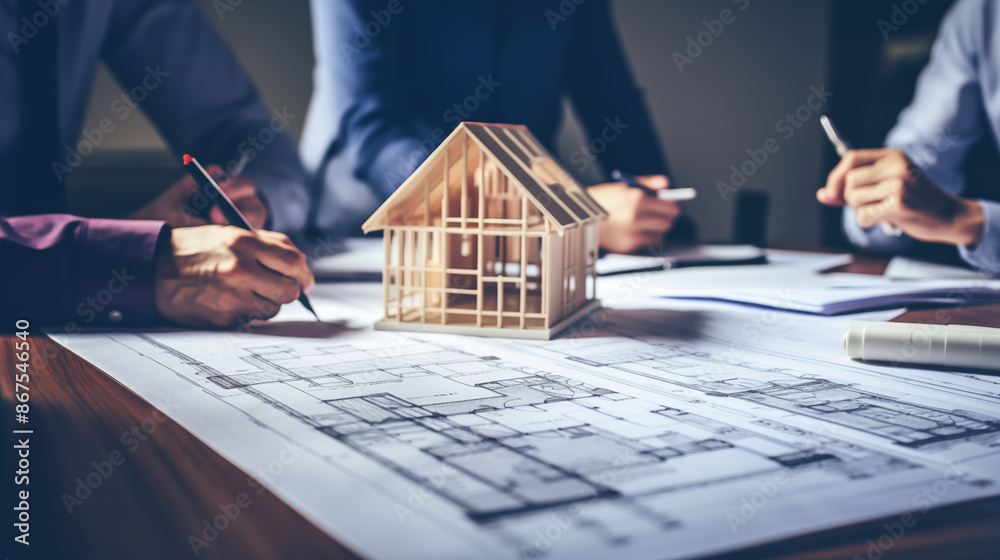 Engineer brainstorm for cost estimating on blueprint and floor plan ...