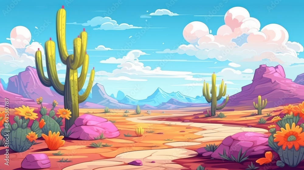 Cartoon desert landscape with cacti, flowers, mountains, and a winding ...