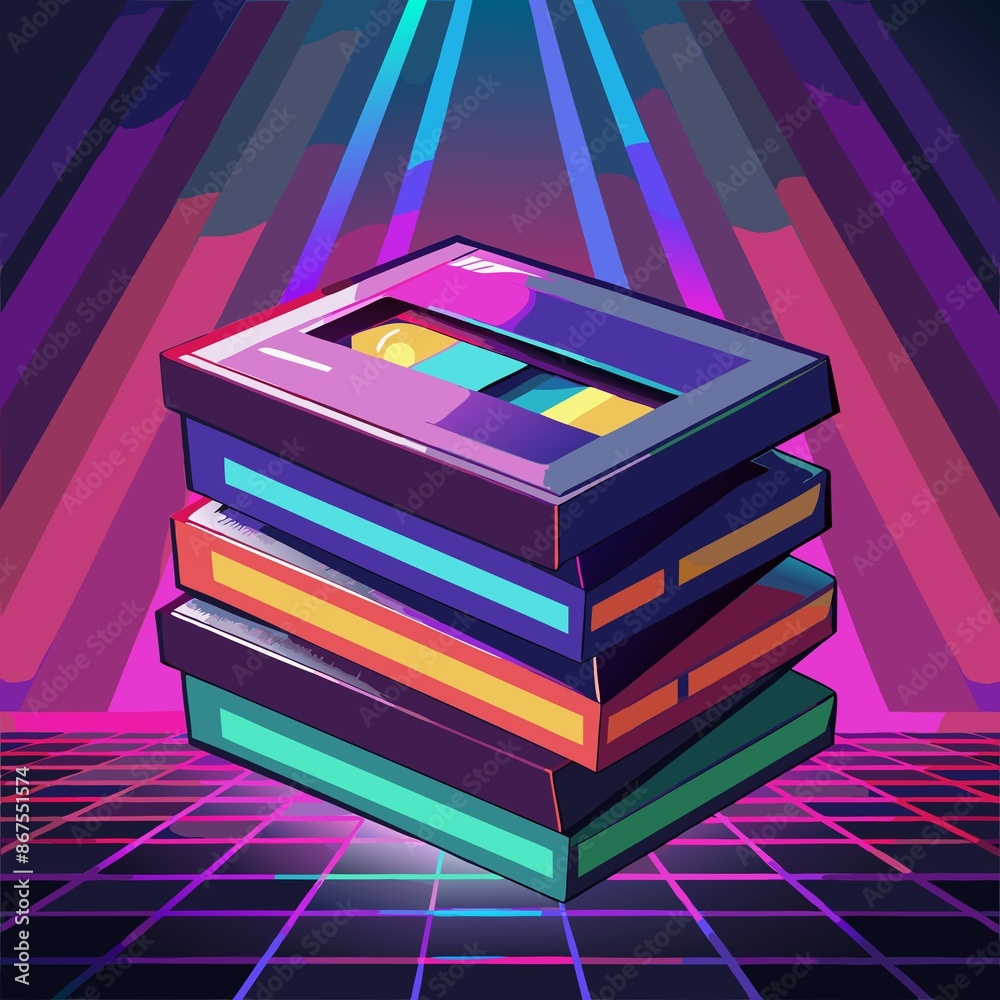video, retro, VHS, stack of old VHS tapes glows under neon lights ...