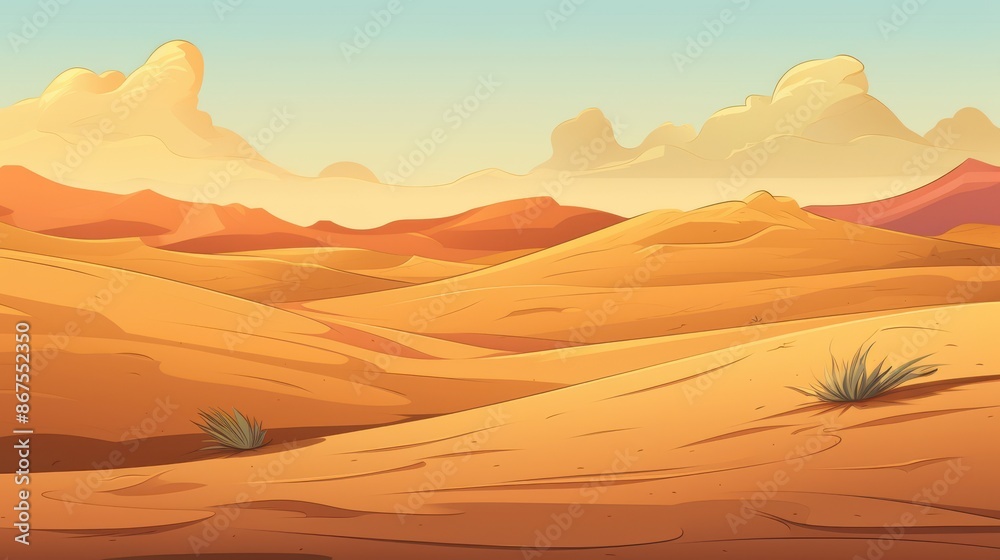 Cartoon desert landscape with sand dunes and mountains. Vector ...