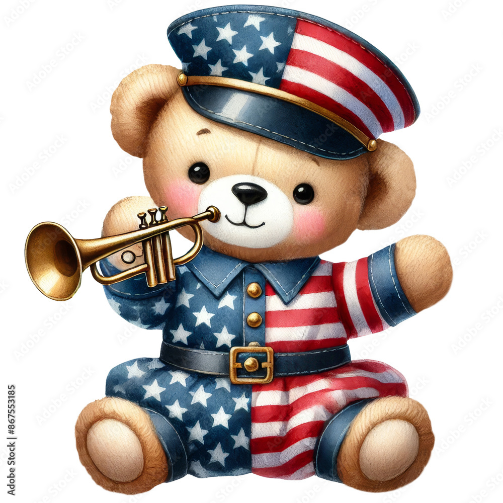 USA soldier teddy bear sitting and playing a trumpet in an American ...